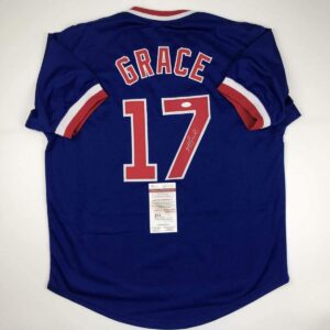 autographed/signed mark grace chicago blue baseball jersey jsa coa