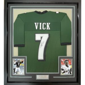 framed autographed/signed michael mike vick 33x42 philadelphia green football jersey psa/dna coa