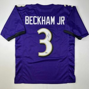 autographed/signed odell beckham jr. baltimore purple football jersey beckett bas coa