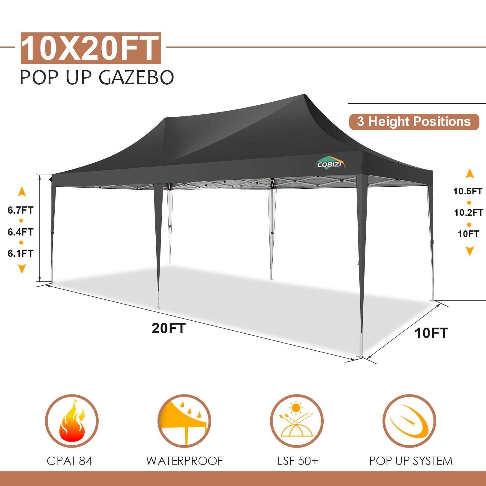 COBIZI 10x20 Canopy, Pop Up Canopy 10x20, Outdoor Wedding Party Tent, Commercial Tent, Waterproof Canopy Tent with 6 Sidewalls, All Season Outdoor Gazebos for Parties with Carry Bag, Event, Black