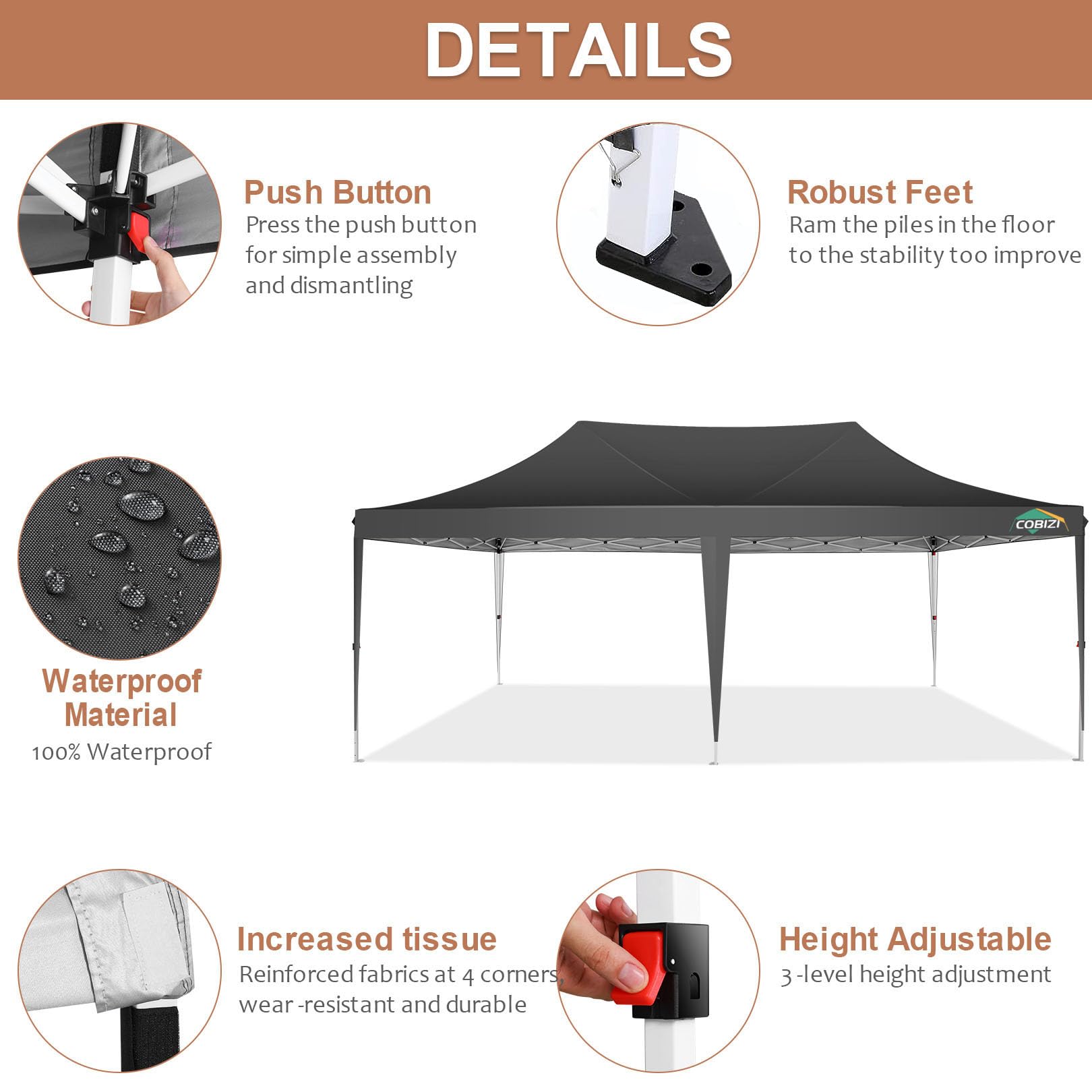 COBIZI 10x20 Canopy, Pop Up Canopy 10x20, Outdoor Wedding Party Tent, Commercial Tent, Waterproof Canopy Tent with 6 Sidewalls, All Season Outdoor Gazebos for Parties with Carry Bag, Event, Black