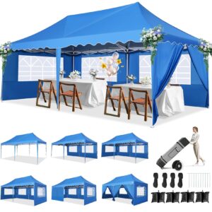 hoteel 10x20 canopy pop up canopy with 6 sidewalls, easy setup canopy tent waterproof tents for parties with wheeled bag, 4 weight bag, uv50+ outdoor event tent vendor tent, high roof, metal leg, blue