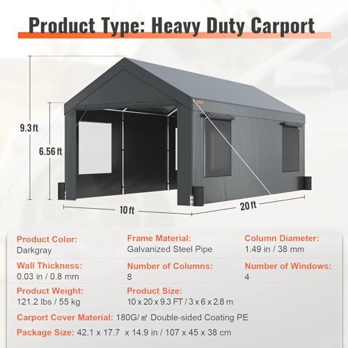 VEVOR Carport 10x20ft Portable Garage, Heavy Duty Car Canopy with Roll-up Ventilated Windows & Removable Sidewalls, UV Resistant Waterproof All-Season Tarp for SUV, F150, Car, Truck, Boat