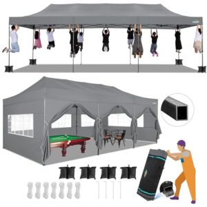 cobizi 10x30 pop up canopy tent 10x30 canopy with sidewalls, heavy duty party tent tents for parties, foldable upf 50+ waterproof commercial easy up canopy with roller bag, grey(windproof upgraded)