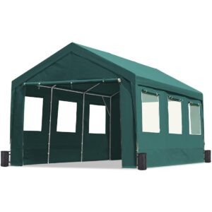 advance outdoor 10x20 ft heavy duty adjustable carport with 6 roll-up ventilated windows & removable sidewalls car canopy garage boat shelter party tent, peak height from 9.5ft to 11ft, green