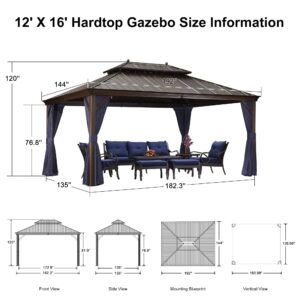 PURPLE LEAF 12' X 16' Permanent Hardtop Gazebo for Patio with Netting and Curtains Deck Backyard Heavy Duty Sunshade Metal Roof All Weather Outdoor Pavilion Canopy