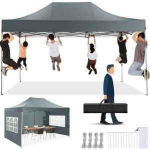 tooluck canopy 10x15 pop up canopy commercial heavy duty canopy tent with 4 sidewalls easy up wedding party tent outdoor gazebos canopy, all season, windproof & waterproof, gray(frame thickened)