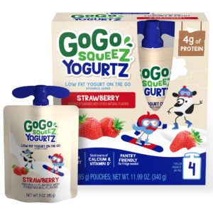 gogo squeez yogurtz strawberry, 3 oz (pack of 4), kids snacks made from real yogurt and fruit, pantry friendly, no fridge needed, gluten free and nut free, recloseable cap, bpa free pouches