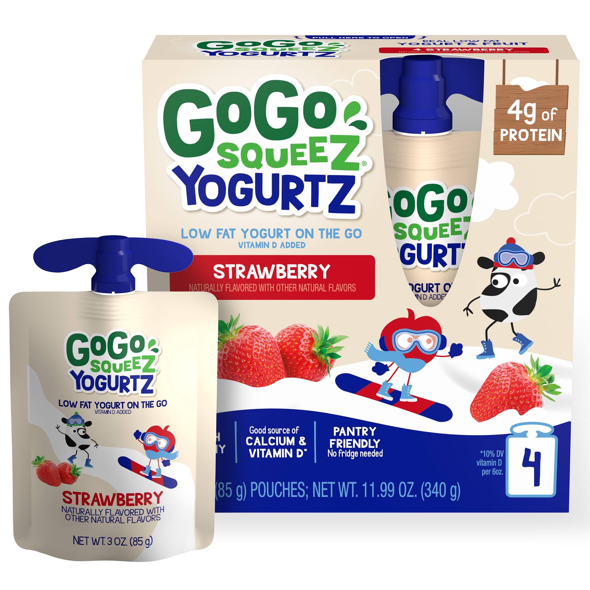 GoGo squeeZ yogurtZ Strawberry, 3 oz (Pack of 4), Kids Snacks Made from Real Yogurt and Fruit, Pantry Friendly, No Fridge Needed, Gluten Free and Nut Free, Recloseable Cap, BPA Free Pouches