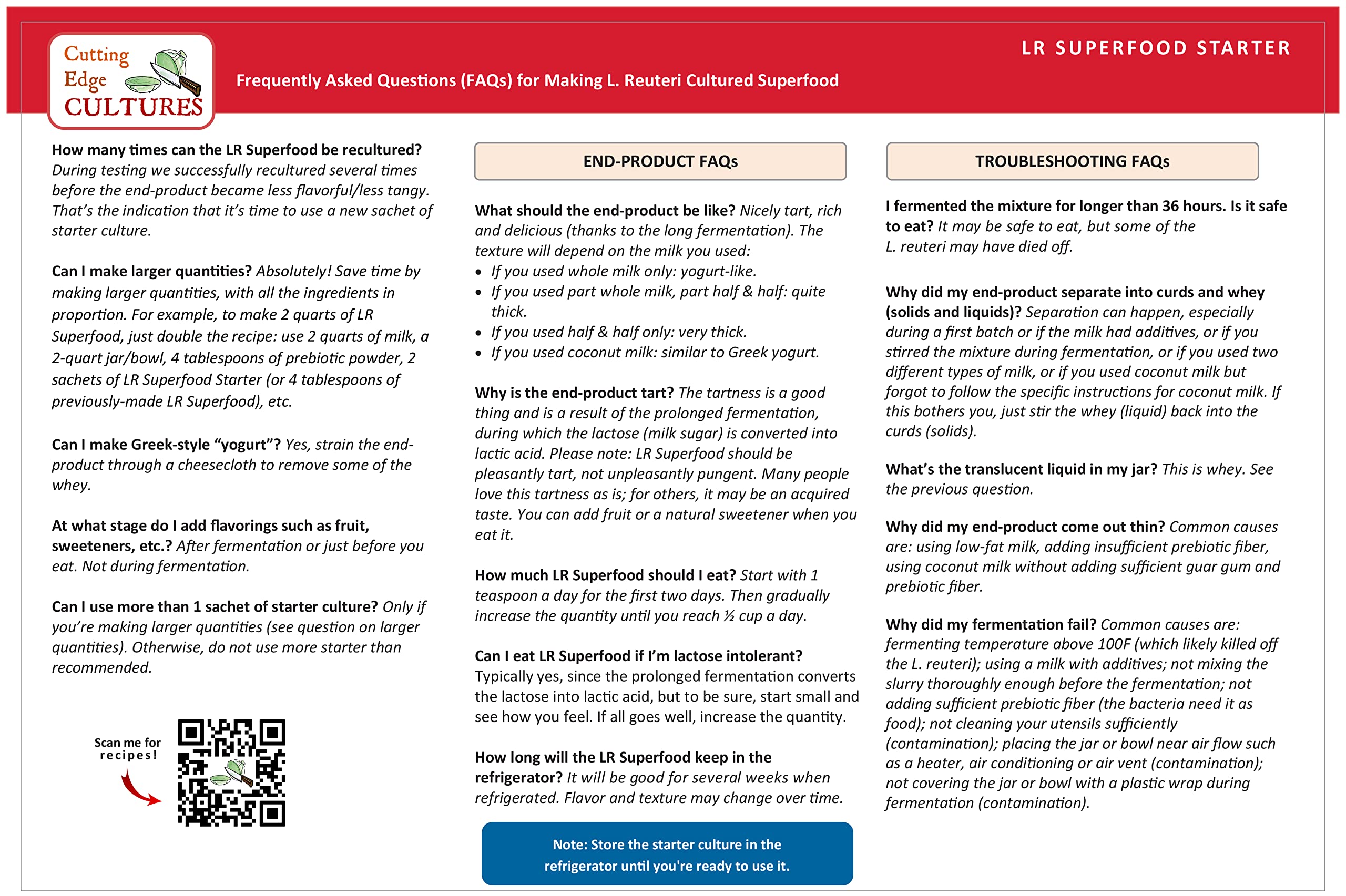 LR SuperFood Starter Culture L. Reuteri ProBiotic As Recommended by Dr William Davis Super Gut, MD Cultured Dairy Low and Slow Yogurt Lactobacillus