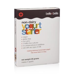 belle + bella non-dairy vegan yogurt starter - gluten free, no added sugar, non gmo - makes 4 quarts vegan yogurt - 2 billion live cultures - mix with any dairy free or dairy milk - 1 box