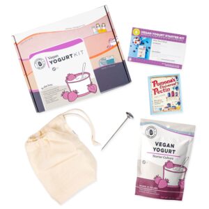 cultures for health vegan yogurt starter kit | 7 piece diy kit includes 4 packets dairy free yogurt culture, pectin powder, cooking thermometer, & cotton nut milk bag | make yogurt w/plant based milk