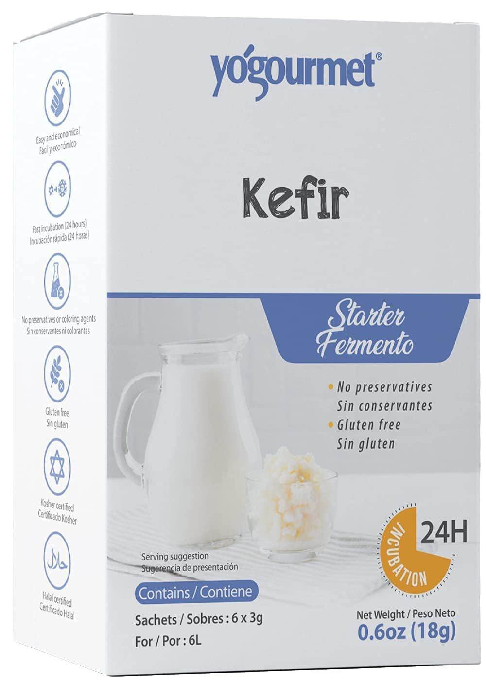 Yogourmet Kefir Starter (6 Pack) - Make Kefir at Home - Starter Culture - All Natural, Gluten Free, Kosher, Halal - 3 g Sachets