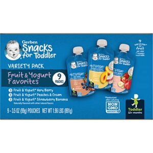 gerber baby food pouches, very berry (3), peaches & cream (2), strawberry banana (2), value pack, fruit and yogurt, toddler, (3.5 oz each), (pack of 9)