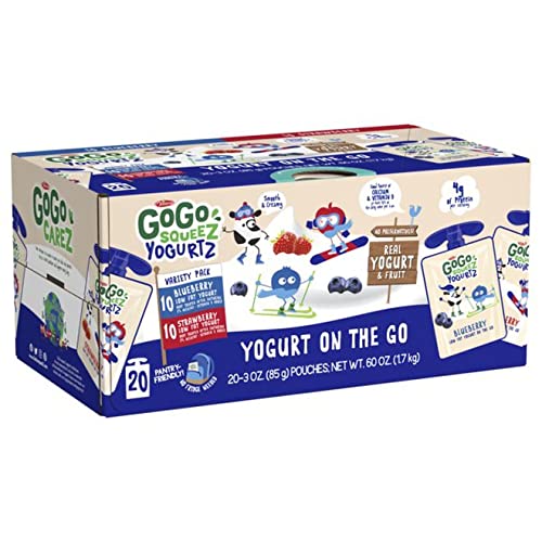 Gogo Squeez Yogurtz Variety Pouches - Real Yogurt and Fruit - 10 Blueberry and 10 Strawberry Pouches - Gluten Free, No preservatives and kosher Certified 20 x 3 oz. (4 - Pack)