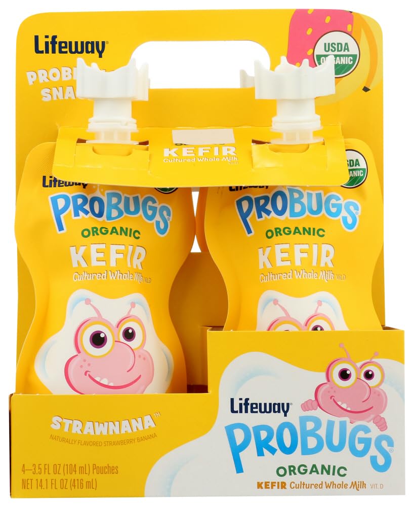 Lifeway Strawnana Organic Probugs Whole Milk Kefir, 3.5 Fluid Ounce - 4 count per pack - 6 packs per case.