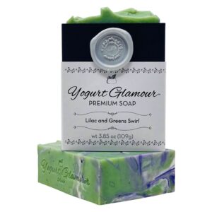 yogurt glamour-lilac and greens swirl-natural handmade yogurt bar soap- creamy, moisturizing and soothing-imagine spring aroma of flowering lilac trees(4 oz).