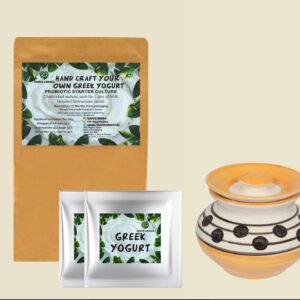 TEMPEHSTATION Greek Yogurt Starter Culture Kit-Culture&hand painted ceramic Handi Lid Dahi/Curd pot|easy to produce large batches 2 gms each sachet|Heirloom|-Strains L. bulgaricus &Streptococcus thermophilus