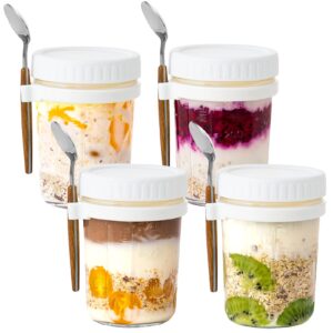 famyards 4 pack overnight oats containers with airtight lids and spoons, 16 oz glass mason jars with measurement marks, oatmeal jars for cereal, yogurt, milk, salads, fruit (4 white)