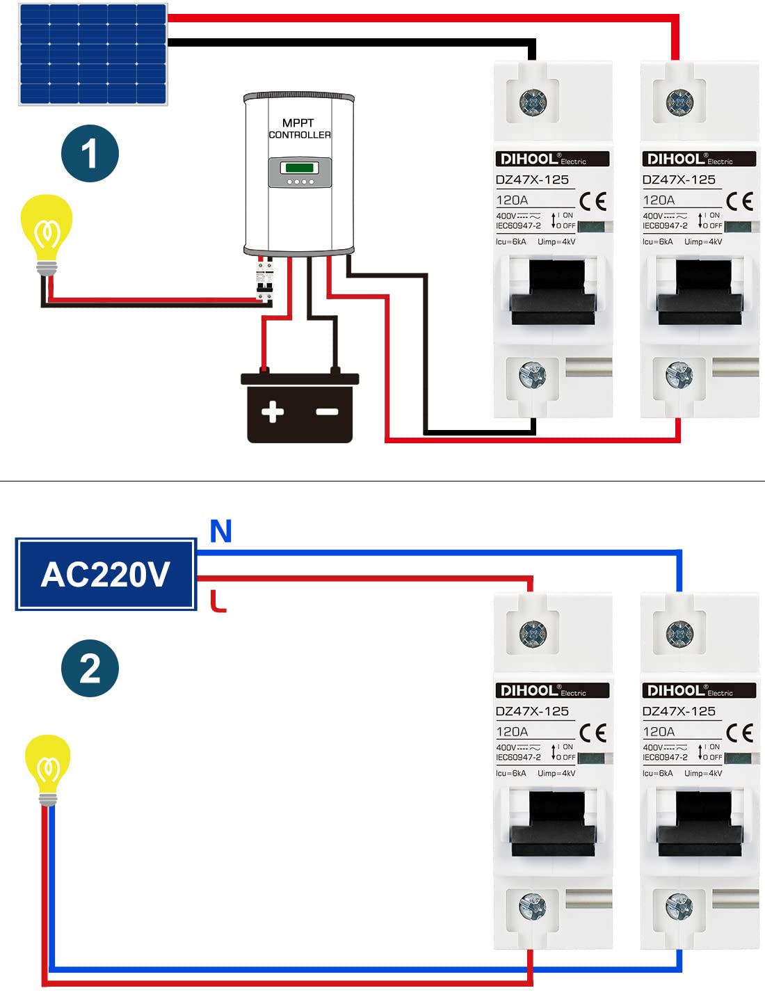 DIHOOL Miniature Circuit Breaker 120 Amp dc solar disconnect switch 12-240V for PV Solar, UPS, RV Battery, DIN Rail Mount, Overload Protection, AC DC universal