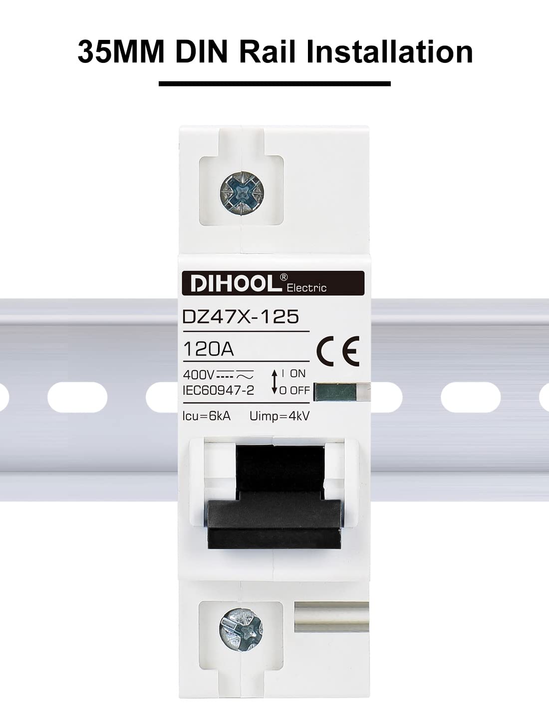 DIHOOL Miniature Circuit Breaker 120 Amp dc solar disconnect switch 12-240V for PV Solar, UPS, RV Battery, DIN Rail Mount, Overload Protection, AC DC universal