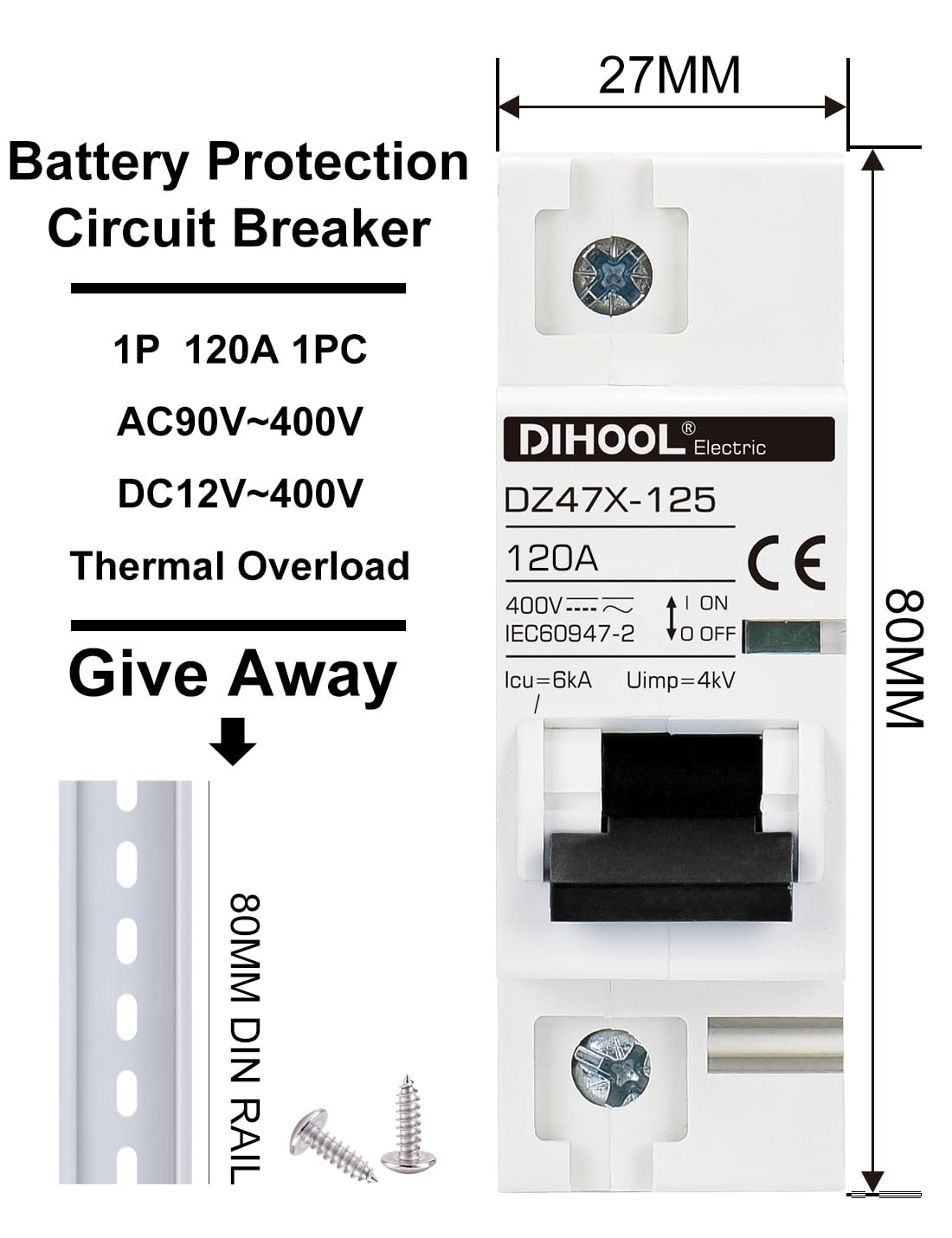 DIHOOL Miniature Circuit Breaker 120 Amp dc solar disconnect switch 12-240V for PV Solar, UPS, RV Battery, DIN Rail Mount, Overload Protection, AC DC universal