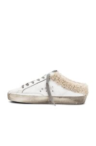 golden goose women's super-star sabot leather upper glitter sneakers, white/silver/beige, 10 medium us