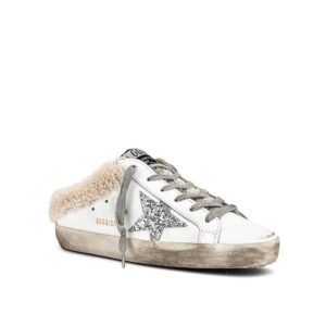 Golden Goose Women's Super-Star Sabot Leather Upper Glitter Sneakers, White/Silver/Beige, 10 Medium US