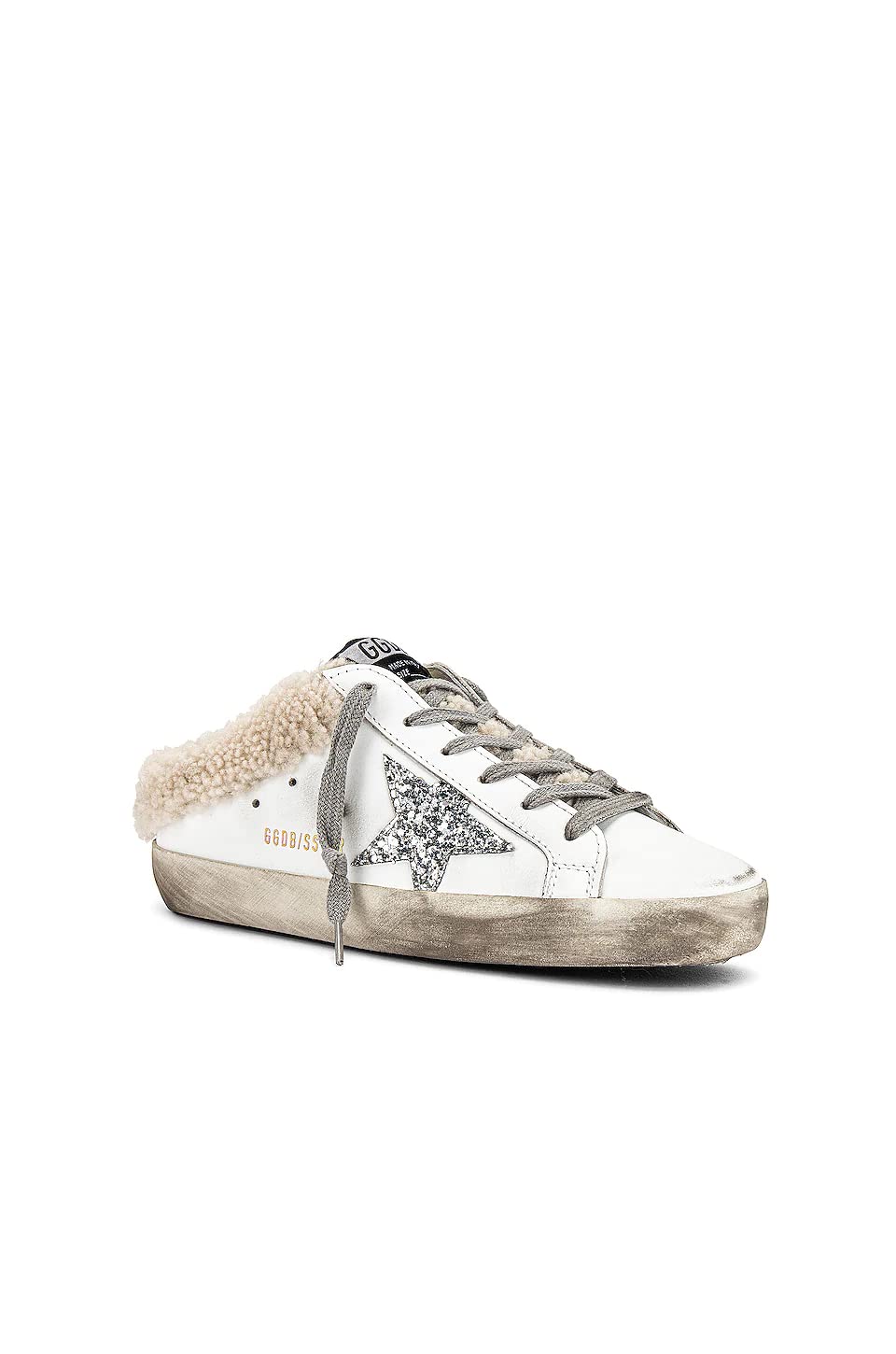 Golden Goose Women's Super-Star Sabot Leather Upper Glitter Sneakers, White/Silver/Beige, 10 Medium US