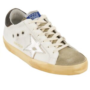 Golden Goose Super-Star Net Upper Suede Toe Leather Lacing and Heel Laminated Star Womens Distressed Sneakers-38 White