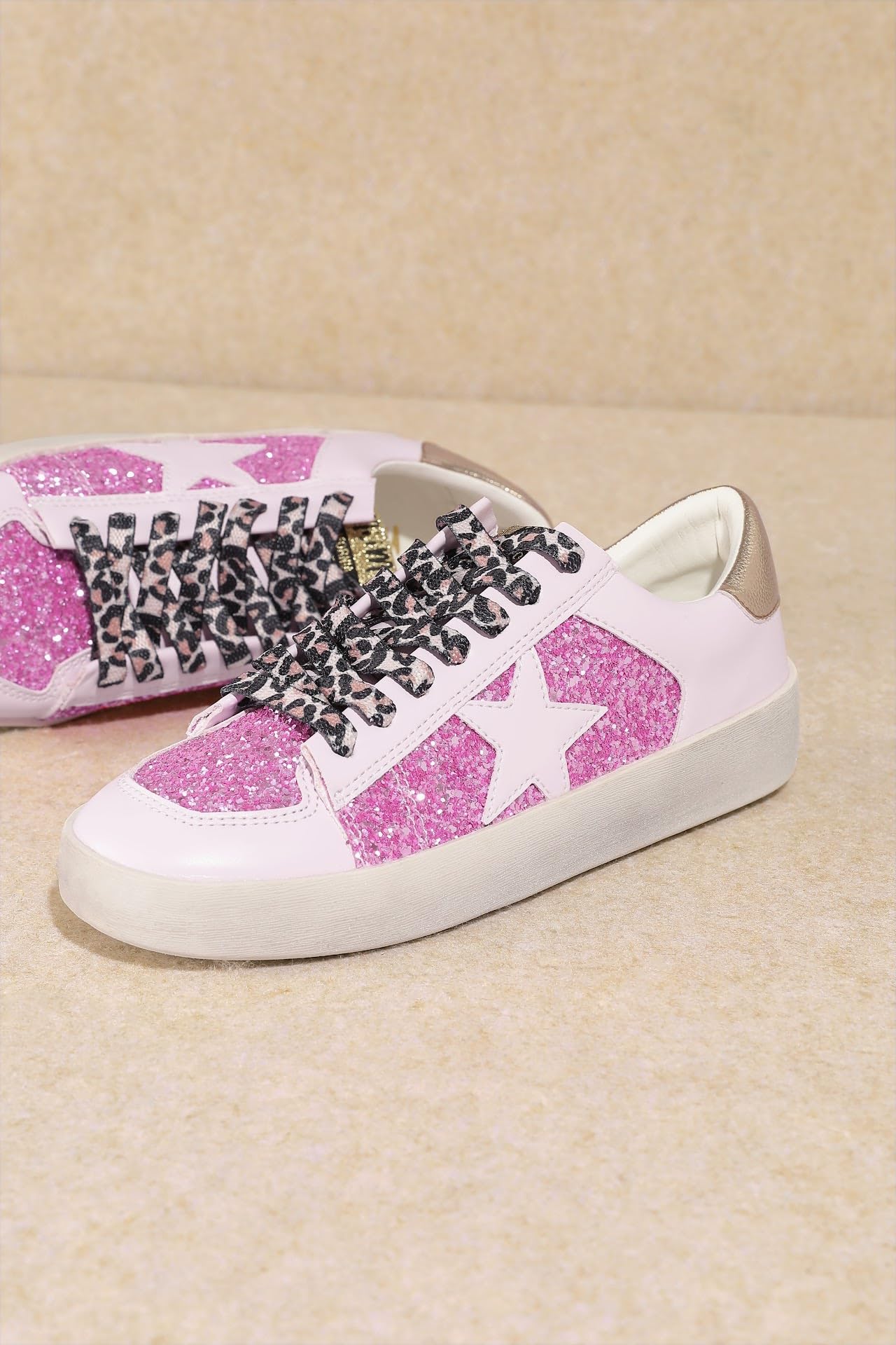 Mi.iM Alex Rubber Sole Lace-up Glitter Leather Star Sneakers (7.5, Pink)