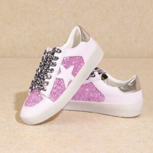 Mi.iM Alex Rubber Sole Lace-up Glitter Leather Star Sneakers (7.5, Pink)