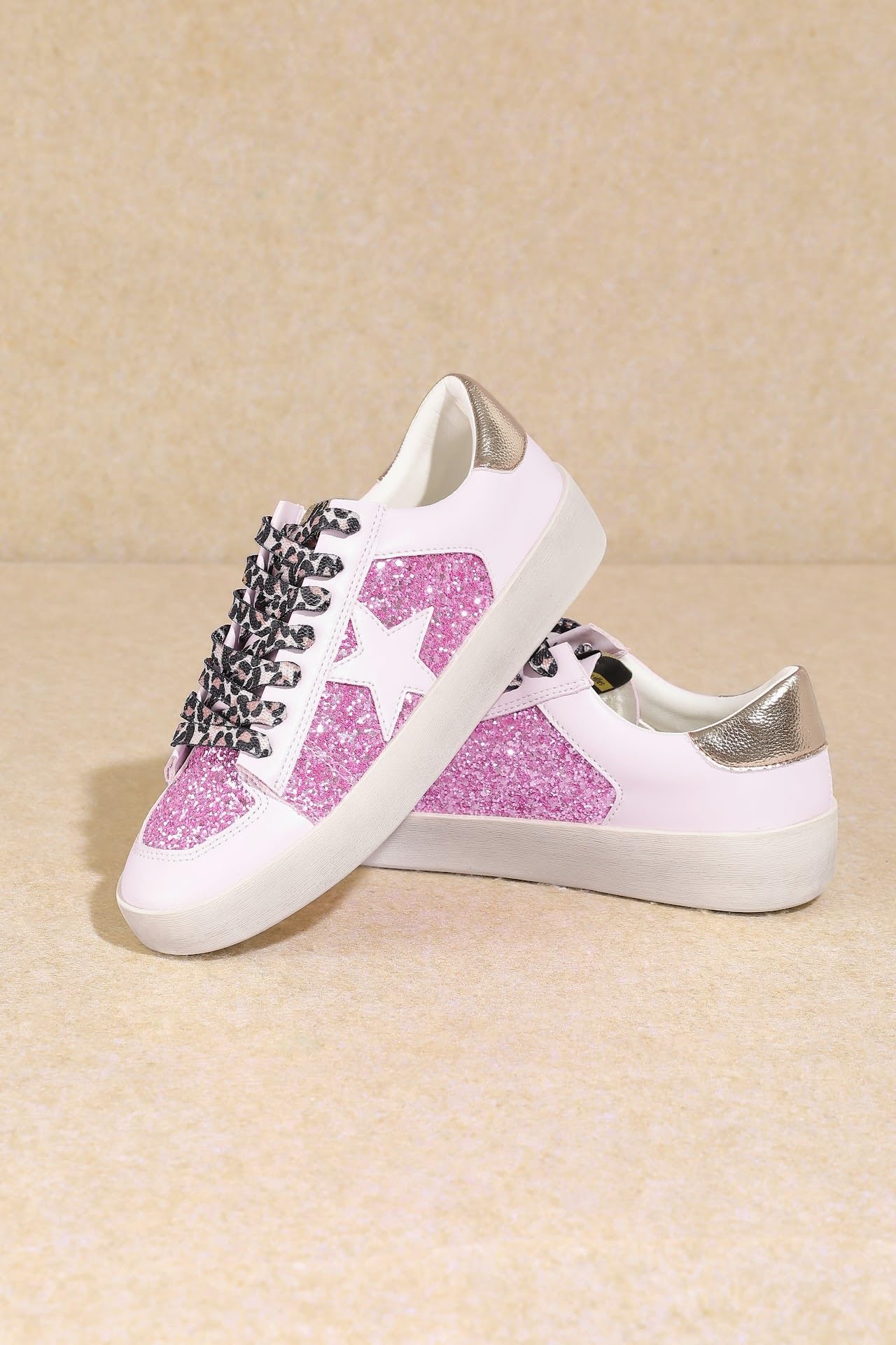 Mi.iM Alex Rubber Sole Lace-up Glitter Leather Star Sneakers (7.5, Pink)