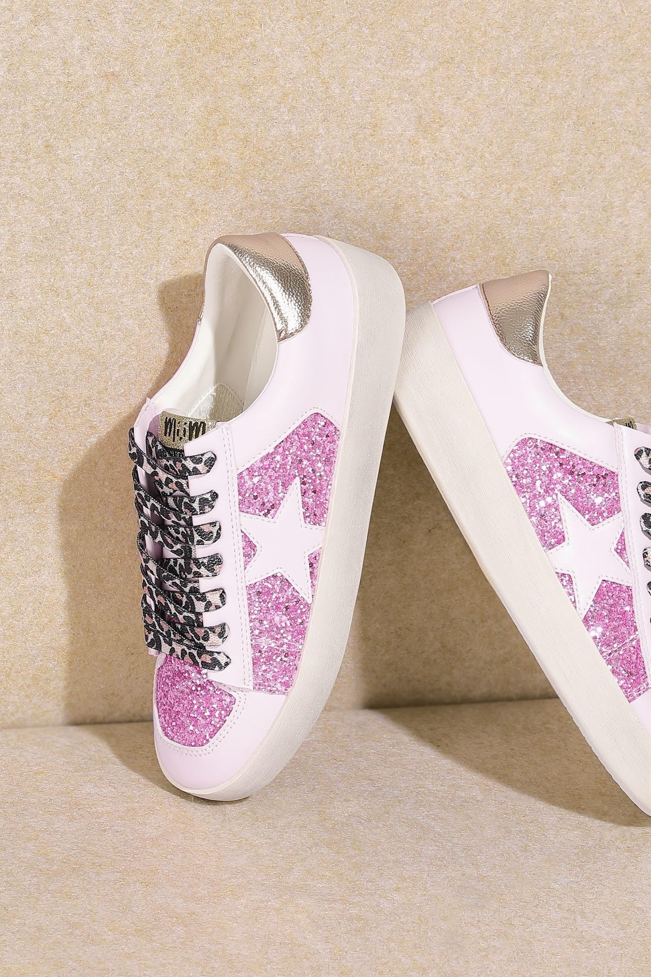 Mi.iM Alex Rubber Sole Lace-up Glitter Leather Star Sneakers (7.5, Pink)