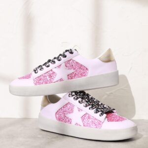 Mi.iM Alex Rubber Sole Lace-up Glitter Leather Star Sneakers (7.5, Pink)