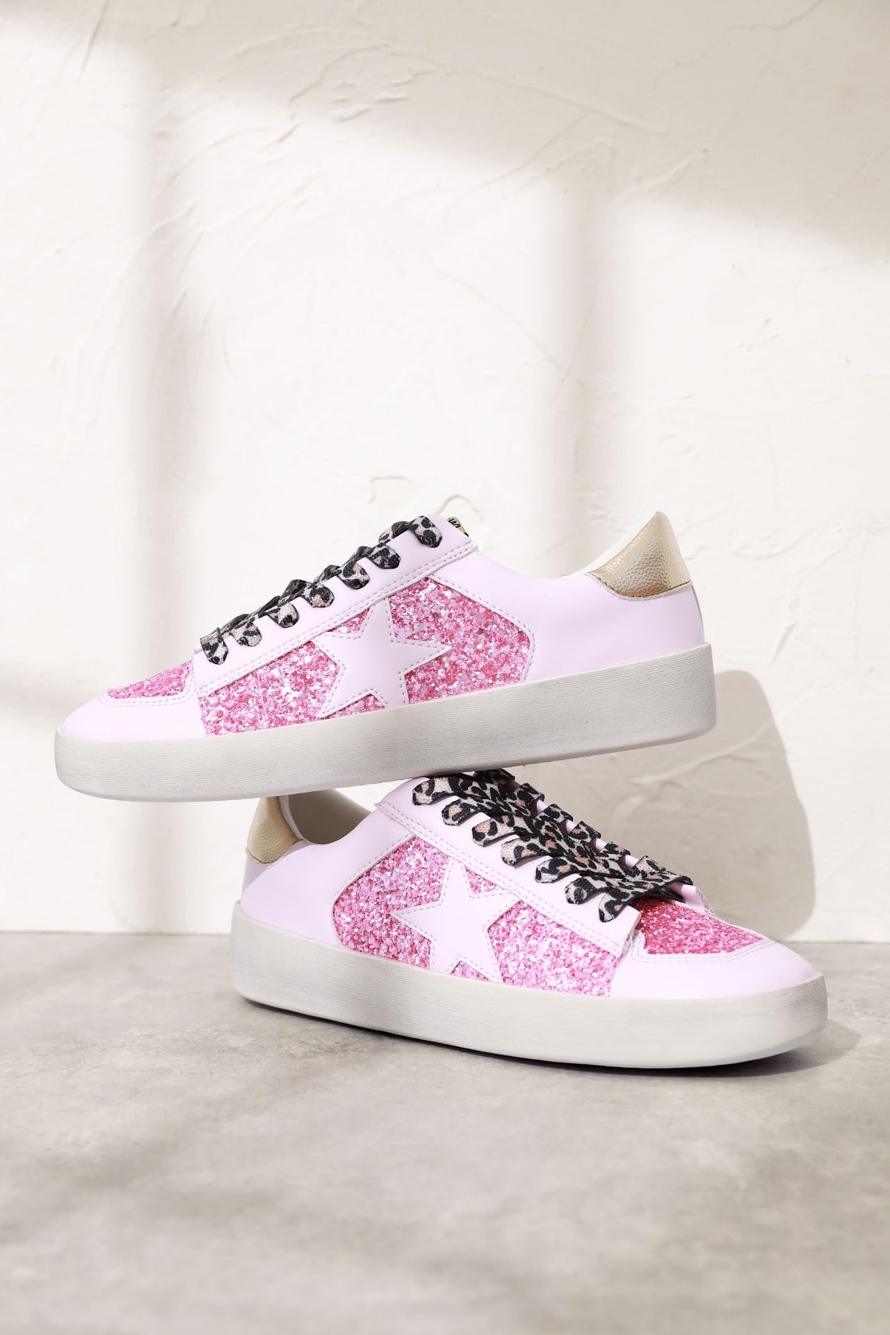 Mi.iM Alex Rubber Sole Lace-up Glitter Leather Star Sneakers (7.5, Pink)