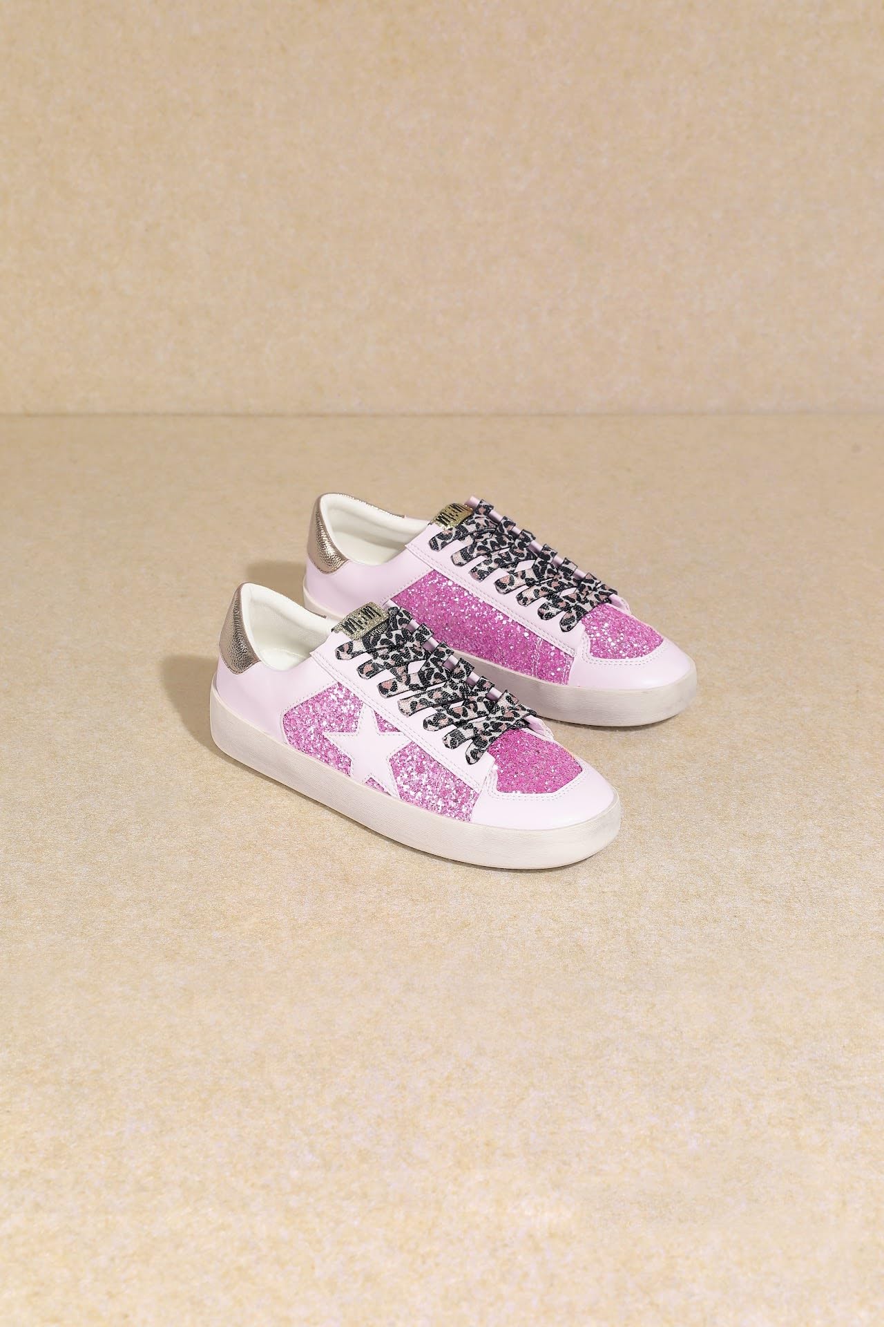 Mi.iM Alex Rubber Sole Lace-up Glitter Leather Star Sneakers (7.5, Pink)