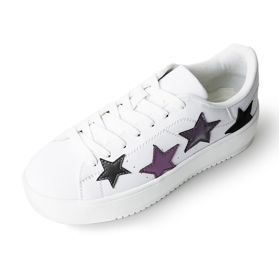 J. Adams Hero Platform Sneakers for Women - Casual Lace Up Fashion Tennis Shoes - White Multi Star - 9