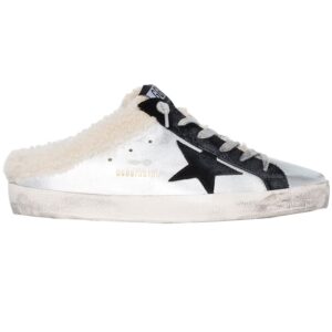 golden goose super-star sabot laminated upper suede star shearling lining womens distressed sneakers-37 white