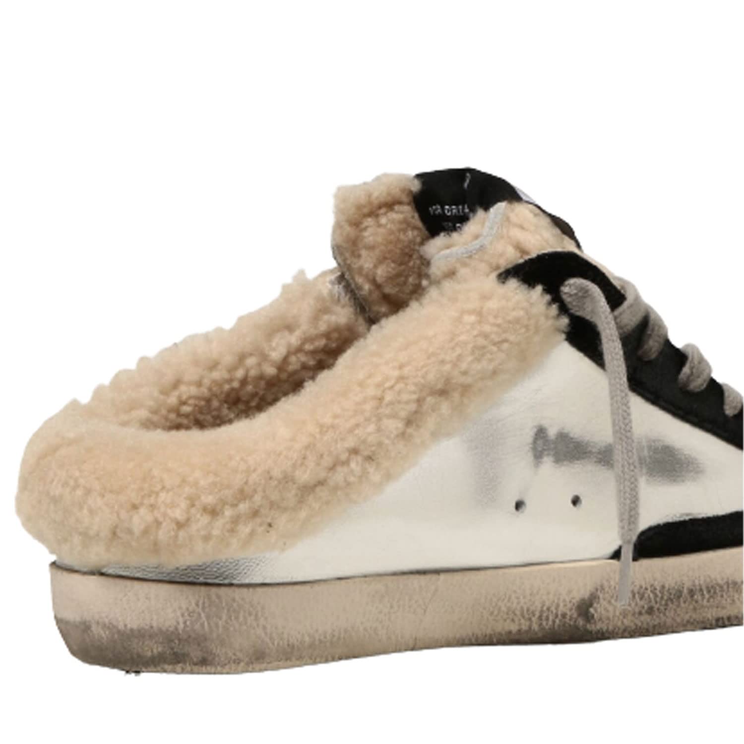 Golden Goose Super-Star Sabot Laminated Upper Suede Star Shearling Lining Womens Distressed Sneakers-37 White