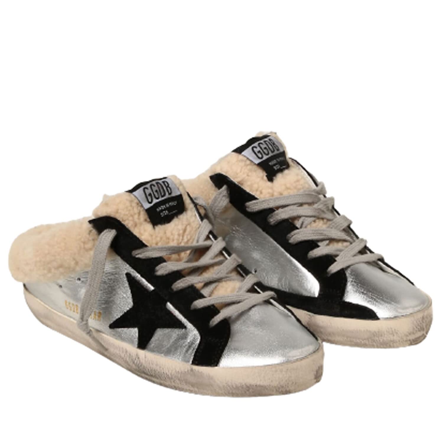 Golden Goose Super-Star Sabot Laminated Upper Suede Star Shearling Lining Womens Distressed Sneakers-37 White