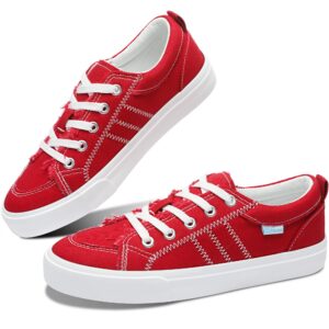 obtaom women red canvas fashion sneakers cute lace up canvas shoes low top washed canvas flat for lady(red,us10)