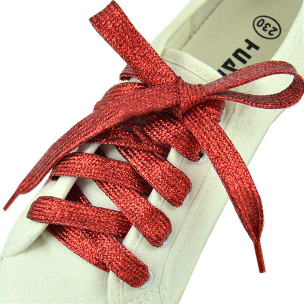 DECKER Red Metallic Glitter Flat shoelaces Colorful Fashion 2 pairs pack for Canvas Sneaker Athletic (54 inch (137 cm), Red)