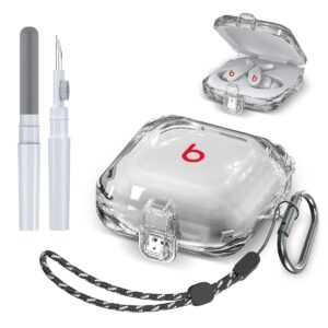 [upgrade lock] beats fit pro case with lock, pc shell clear case for beats fit pro charging case, full protective safety lock case cover for beats fit pro accessories with keychain/cleaner pen (clear)