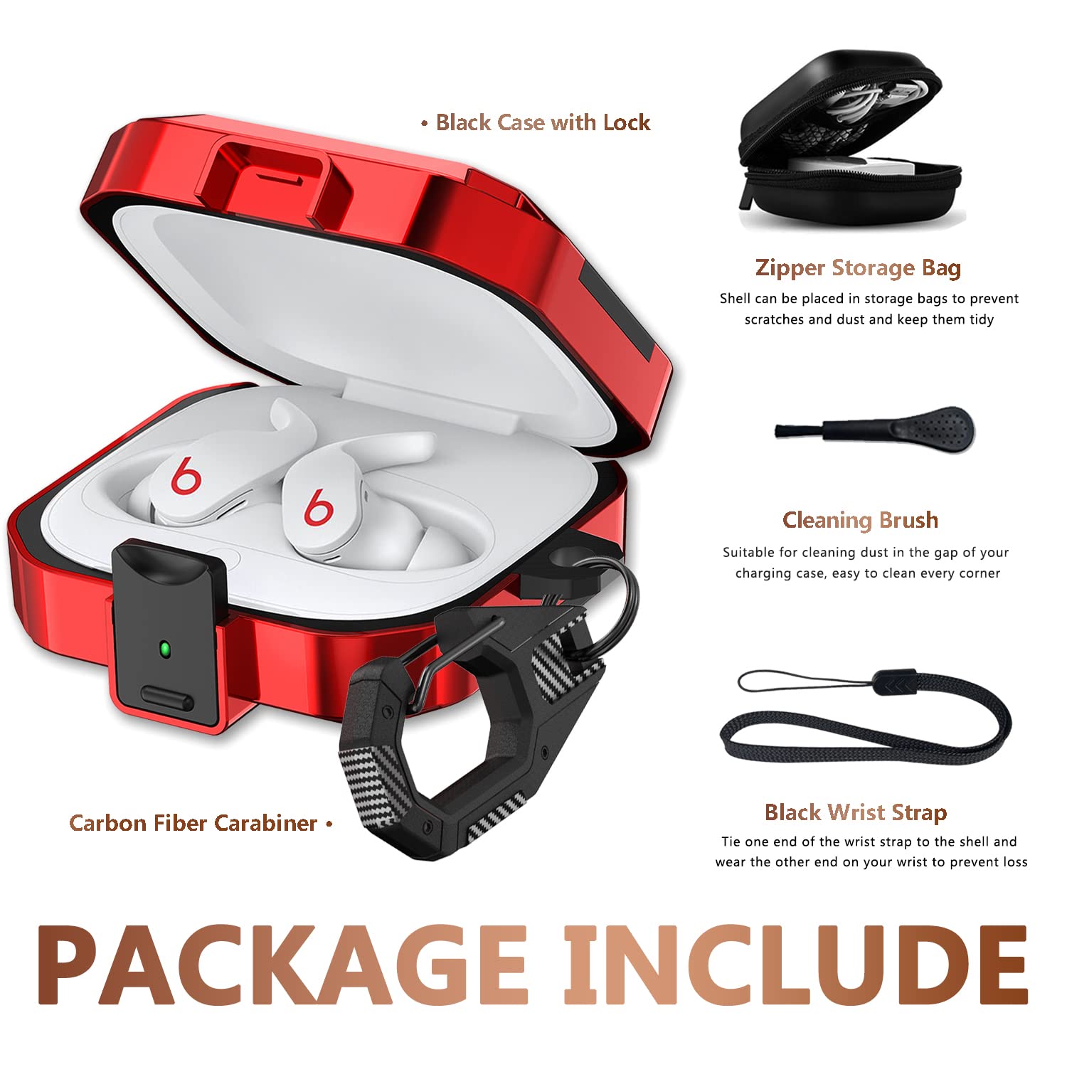 【with Anti-Drop Lock】 Carbon Fiber Beats Fit Pro Case Cover 2021,Shock-Absorbing Beats Fit Pro 2 protector with Accessories Keychain/Zipper Storage Bag/Cleaner Brush/Portable Wrist Strap - Red