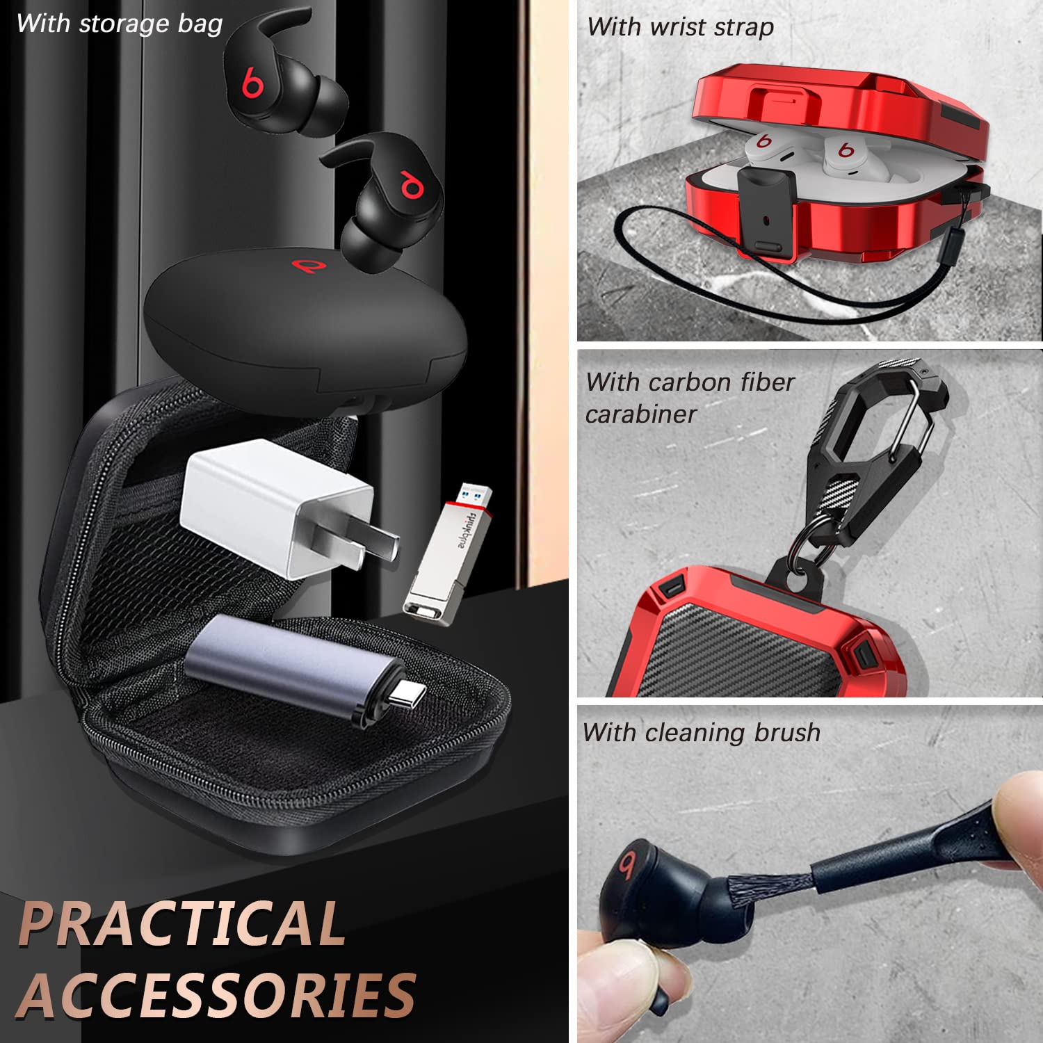 【with Anti-Drop Lock】 Carbon Fiber Beats Fit Pro Case Cover 2021,Shock-Absorbing Beats Fit Pro 2 protector with Accessories Keychain/Zipper Storage Bag/Cleaner Brush/Portable Wrist Strap - Red