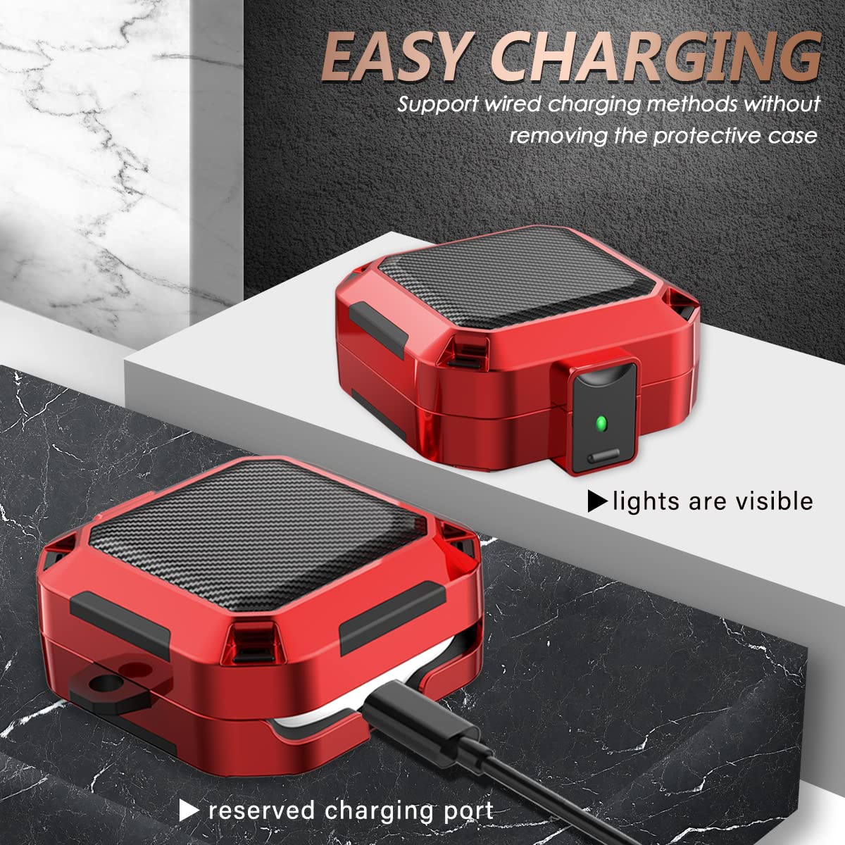 【with Anti-Drop Lock】 Carbon Fiber Beats Fit Pro Case Cover 2021,Shock-Absorbing Beats Fit Pro 2 protector with Accessories Keychain/Zipper Storage Bag/Cleaner Brush/Portable Wrist Strap - Red