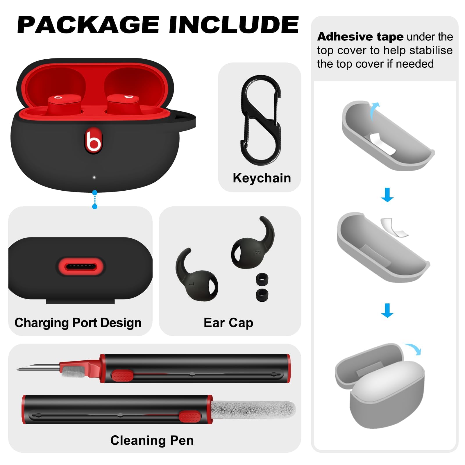 MOLOVA Silicone Case Cover for Beats Studio Buds 2021, Anti-Lost Shockproof Protective Case, Wireless Charging Supported, Includes Cleaning Pen and Ear Cap (Black)