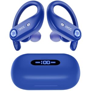 wireless earbuds bluetooth headphones 130h playback 4-mic hd call ip7 waterproof ear buds in ear sport led display earphones with earhooks for running workout gym phone laptop tv computer (blue)