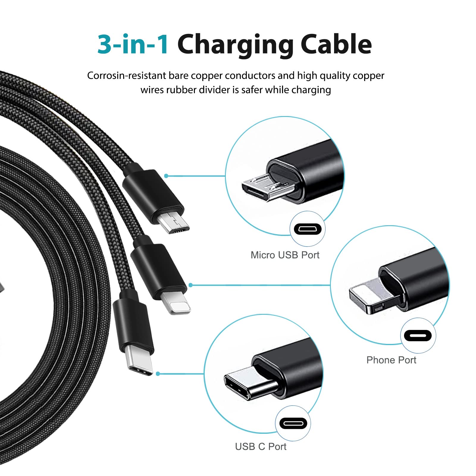 Replacement 3-in-1 Power Charger Cord Charging Cable for Beats by Dr Dre Solo Pro 3 2, Studio 3 2, Studio 1/Buds, Powerbeats Pro 3 2 1, Fit Pro, Flex, Beats X Headphones, Pill+ Plus 2.0 Speakers